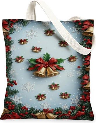 Generic Sacs fourre-tout en toile avec cloches de No&euml;l, sacs d&eacute;picerie r&eacute;utilisables, rustiques, l&eacute;gers, lavables avec bandouli&egrave;re C, bleu, 13x15 Inch