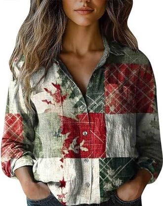 Generico Chemise Femme d&Eacute;t&eacute; Curvy Manches Longues T Shirt en Lin Coton &Eacute;l&eacute;gant Grande Taille Chemises Col en V Lumi&egrave;re Blouse Vintage Imprim&eacute; avec Boutons Clas