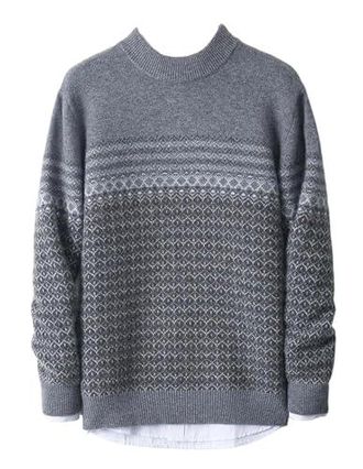 Generic Pull tricoté à col montant en laine à col rond pour homme Patchwork automne hiver pull tricoté chaud, gris, XL
