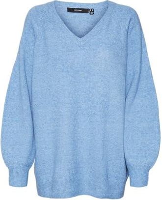 Vero Moda Vmleaf Ls Pull Long col en V pour Femme, Blue Jasper/Detail:w. Melange, S