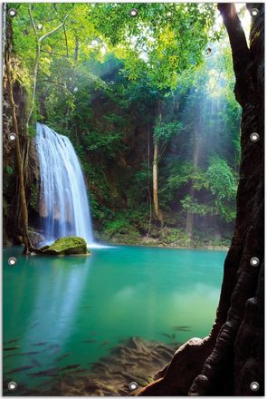 Wallario Outdoor-Poster für Garten oder Balkon Wasserfall im Wald am See Idylle in Thailand, Motivbanner Größe: ca. 80 x 120 cm, Outdoor-Bild