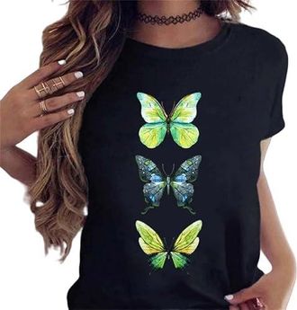 Keephen Papillon avec Fleurs T-Shirt Femmes Esth&eacute;tique Papillon Impression 3D T-Shirt Manches Courtes Col Rond Streetwear Dames &Eacute;t&eacute; Mignon Tops