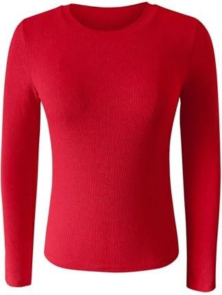 Generic Chemises de sport pour femmes, printemps et été, rayures de couleur unie, haut élastique à manches longues, Chemises de Noël rouges pour femmes, XXL
