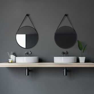 Talos Black Style rund Ø 50 cm - Runder Badspiegel in matt schwarz mit Aluminiumrahmen - Wandspiegel mit Lederoptik-Band - Hochwertiger Badezimmerspiegel fü