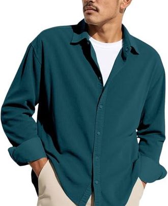 Generic Chemise en velours c&ocirc;tel&eacute; pour homme, grande taille, chemises &agrave; manches longues, col standard, t-shirt boutonn&eacute; de couleur unie, cardigan d&eacute;t&eacute; d&eacute;contr