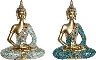 DKD Home Decor Dekofigur 24 x 11 x 31,2 cm blau golden Buddha orientalisch türkis (2 Stück)