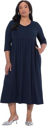 Ulla Popken Femme Grandes Tailles Robe en Jersey avec Poches, Couture Empire, d&eacute;collet&eacute; en V et Manches 3/4 Marine 54+ 825961130-54+