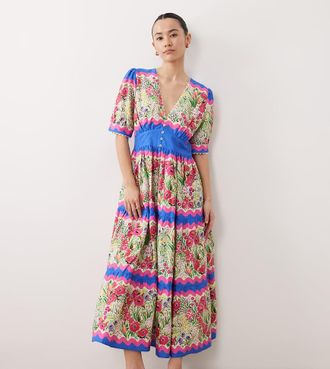 Hope & Ivy Petite H&auml;nger-Midikleid mit V-Ausschnitt, Puff&auml;rmeln und Blumenmuster in Rosa und Blau-Bunt