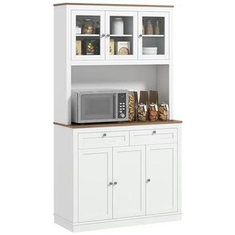 HOMCOM Buffet haut cuisine, armoire de cuisine, vaisselier, 6 portes dont 3 en verre, 2 tiroirs, plan de travail, &eacute;tag&egrave;res r&eacute;glables, meuble de rangement pou