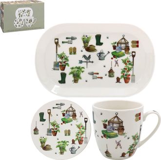 Lesser & Pavey Green Fingers Snack-Set Keramiktasse Korkuntersetzer und Serviertablett Gartenmotiv