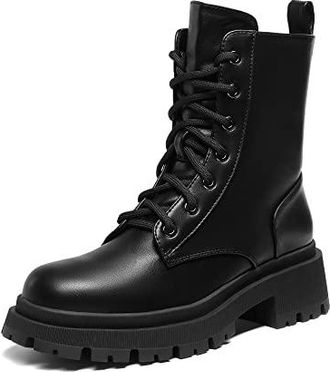 Dream Pairs Bottines Femme Mi-Mollet avec Fermeture Eclair Tendance Comfortable Bottes à Lacets avec Talon Large et Doublure Chaude Noir/PU SDMB2203W-E Taille 39 
