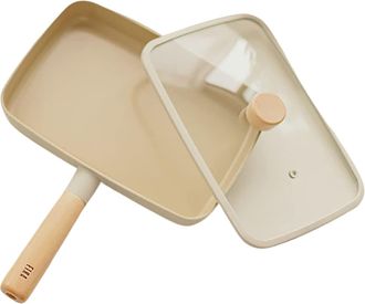 Neoflam FIKA Antihaftbeschichtete Brunchpfanne mit Glasdeckel, japanische Tamagoyaki-Pfanne, gro&szlig;e Omelett-Pfanne, gesundes Kochen, Bratpfanne mit Holzgriff, 