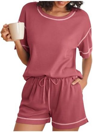Ekouaer Ensembles de Pyjama Femme à Manche Courte Pyjama Short Femme Col Rond Été Ensemble Pyjama Deux Pièces Doux Rouge