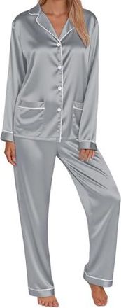 Generic Pyjama de Noël assorti à manches longues en satin de soie - Coupe ample et confortable - Chemise boutonnée et pantalon de pyjama, gris, XXL