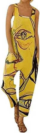 Lazutom Salopette ample en coton et lin pour femme avec imprimé floral, Jaune oeil, 36