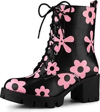 Allegra K Bottes de combat &agrave; lacets et talons &eacute;pais pour femme, noir/rose, 39 EU