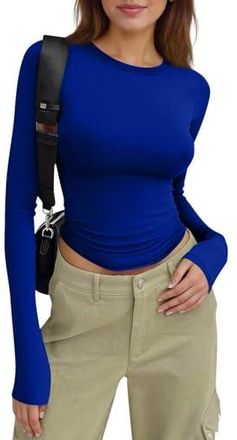 Generic T-shirt &agrave; manches longues pour femme - Col rond - T-shirt basique &agrave; manches longues - D&eacute;contract&eacute; - Couleur unie - Haut l&eacute;ger pour femme, Bleu roi (01