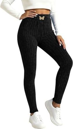 Generic Legging dhiver pour femme - Taille &eacute;lastique - Tricot c&ocirc;tel&eacute; d&eacute;contract&eacute; - Pantalon long - Confortable - Doux et chaud - Aspect cuir - Noir - 152, Noi