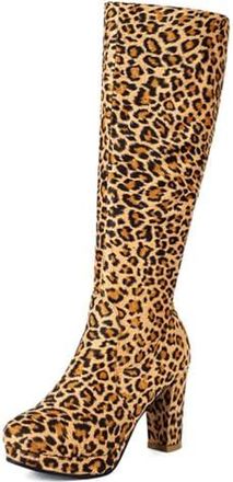 Generic Bottes Hautes Femme Imprim&eacute; L&eacute;opard Talon Bloc Plateforme Bottes Slouch Longues pour Streetwear Automne Hiver & Cocktail Daim Synth&eacute;tique,Leopard Prin