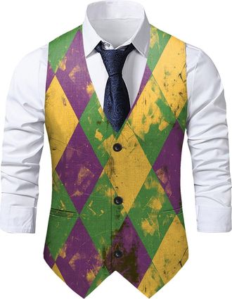 Generic Herren Weste Karneval Kost&uuml;m Bunt Bedruckt Masken Muster Anzugweste V-Ausschnitt Fasching Party Outfit Venedig Themenparty Herrenweste f&uuml;r B&uuml;hne Umzug
