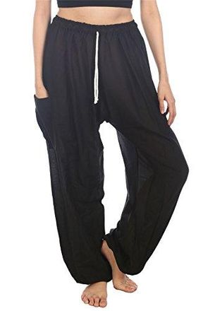 Lofbaz Femme Drawstring Harem Solide Bohémien Hippie Rayonne Pantalon Noir 2XL