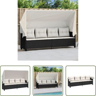 vidaXL Sonnenliege mit Dach - Sonnenliege mit Dach und Kissen Schwarz Poly Rattan
