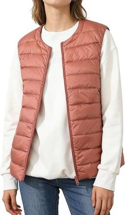 Generic Gilet chaud pour femme grande taille, l&eacute;ger, sans col, matelass&eacute; court, fermeture &eacute;clair sur le devant, rouge clair, taille 6XL