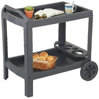 Dmora Chidester Servierwagen, 2 Ebenen, Rollen Made in Italy, mit Glashalter, 53x74x73 cm, Schwarz-Anthrazit