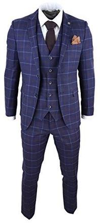 TruClothing Costume Homme 3 pièces Tweed à Chevrons et Carreaux Coupe ajustée Classique pour Mariage ou soirées - Bleu Marine 58