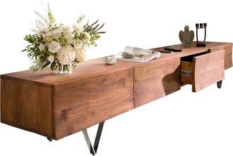 DELIFE TV-Board Wyatt Akazie Braun 220 cm 4 Sch&uuml;be V-Fu&szlig; Edelstahl