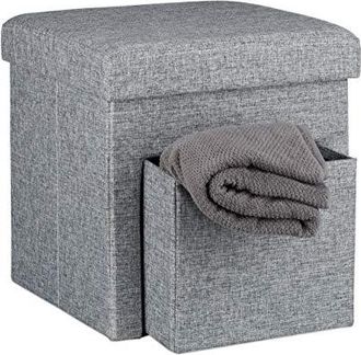 Relaxdays Faltbarer Sitzhocker, Leinen, Aufbewahrungs-Fach, abnehmbarer Deckel, Sitzw&uuml;rfel, HBT 38 x 38 x 38 cm, grau