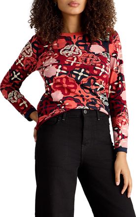 White Stuff Clara Langarmshirt - Rundhals-T-Shirt, Normale Passform, aus Baumwolljersey - Roter Druck - Größe 38