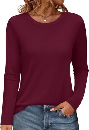 Onsoyours Damen Rundhals Tshirt Langarm Pullover Herbst Winter Oberteile Einfarbig Basic Longshirt Tops A Weinrot XXL