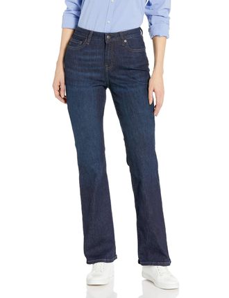 Amazon Essentials Damen Stretchige Slim-Bootcut-Jeans Mittelhoher Bund - Auslaufmodell, Dunkle Waschung, 44 Lang