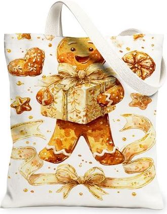 Generic Sacs fourre-tout en toile de pain d&eacute;pices, motif biscuits de vacances, sacs r&eacute;utilisables, rustiques, l&eacute;gers, lavables avec bandouli&egrave;re pour voyage, p