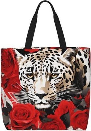 Generic L&eacute;opard Et Roses Sac Fourre-Tout R&eacute;utilisable Tote Bag L&eacute;ger Sac Fourre Tout Pour Gym Quotidienne Universit&eacute;