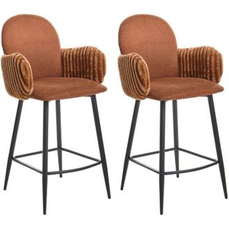 Beliani Lot de 2 Chaises de Bar Pieds en Fer Rev&ecirc;tement en Tissu et Accoudoirs en Velours Marron Amity
