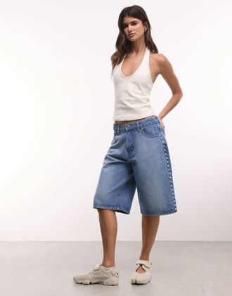 Liquor & Poker short en jean &agrave; perles d&eacute;lav&eacute; bleu