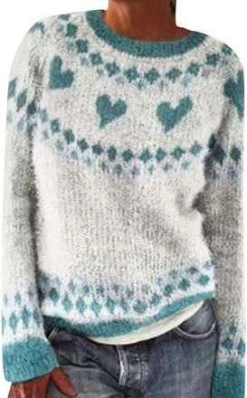 Generic Fair Isle Pull pour femme - Manches longues - Imprimé vintage islandais - Rétro - Doux - Chaud - Décontracté - Élégant - Automne Hiver - Vacances - Co
