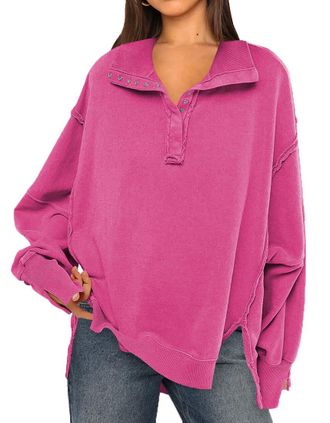 OLIPHEE Sweatshirts f&uuml;r Damen Sweatshirt Damen Oversized mit Kn&ouml;pfe Fr&uuml;hling Herbst Pullover Langarmshirts f&uuml;r Damen V-Ausschnitt Revers Loose Tops Vintage Ob