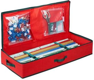 Relaxdays Geschenkpapier Aufbewahrungsbox, 2 Innentaschen für Geschenkbänder, Weihnachten, Geburtstag, rot/schwarz