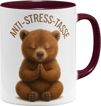 OM3 B&auml;rchen Anti-Stress Kaffee-Tasse - S&uuml;&szlig;e B&auml;r Keramiktasse mit Namaste Motiv - Keramik Becher - 325ml - Beidseitig Bedruckt - Bordeaux