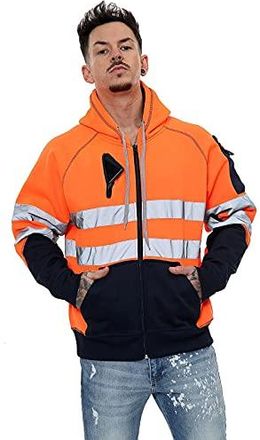 Janisramone Homme Veste Haute Visibilité, Patch de Contraste Pull Over Sweat Polaire Homme, Sweat Homme Capuche Zippé Veste de Travail Homme Chantier