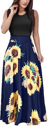 Generic Robes d&eacute;t&eacute; d&eacute;contract&eacute;es sans manches pour femmes, robe longue &agrave; imprim&eacute; floral, 2026, noir fonc&eacute;, XXL