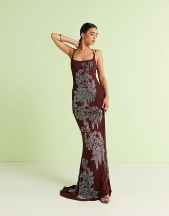 Asos Robe longue avec encolure carrée à franges et fleurs à strass thermocollés - Chocolat-Marron