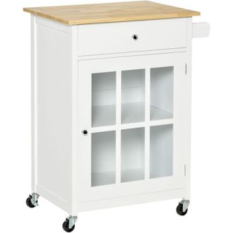 HOMCOM Desserte de cuisine &agrave; roulettes multi-rangement - placard porte vitr&eacute;e avec &eacute;tag&egrave;re r&eacute;glable, tiroir, porte-torchon - blanc aspect ch&ecirc;ne clair