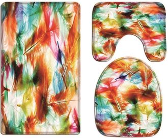 A.Monamour Badezimmer Badematte 3 Teilig Set Bunte Aquarell Federn Muster Kunst Hintergr&uuml;nde Kunst Druck Bad Matte Teppich Flanell Saugf&auml;hig Badteppiche Badvorle