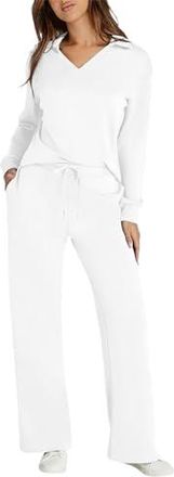 Generic Tenue de voyage 2 pi&egrave;ces d&eacute;contract&eacute;e pour femme avec col en V et manches longues et pantalon &agrave; jambes larges, blanc, XXL