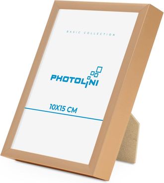 Photolini Alu-Bilderrahmen 10x15 cm Gold schmal, Metall-Rahmen aus Aluminium, bruchsicheres Acrylglas, zum Aufhängen & Aufstellen, extra Zubehör, modernes Desig