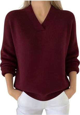 TOMWELL Pull Femme Col Profond en V L&acirc;che Couleur Unie Pulls en Tricot Manche Longue Chaud Haut Tricot&eacute; A Vin Rouge XL